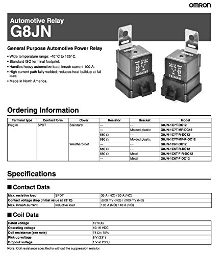 ( One Pair) OMRON Trim Tilt Relay for Outboard Motor American, SPDT, 12 VDC, 40A, G8JN Series, Panel, Quick Connect