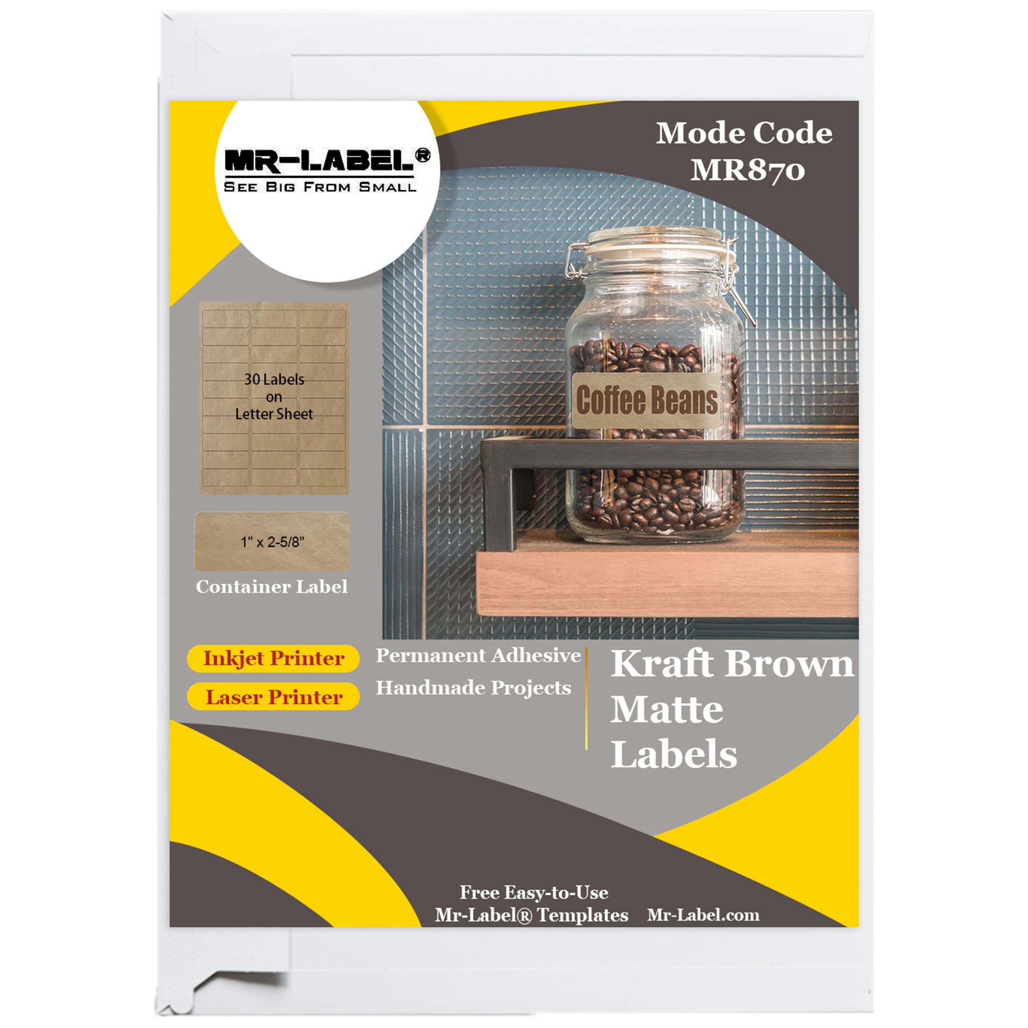 Mr-Label 1" x 2-5/8" Kraft Brown Rectangle Labels – Permanent Adhesive Blank Labels for Inkjet & Laser Printer – for Envelope | Gift Bag | Bottle | Handmade (10 Sheets|300 Labels)