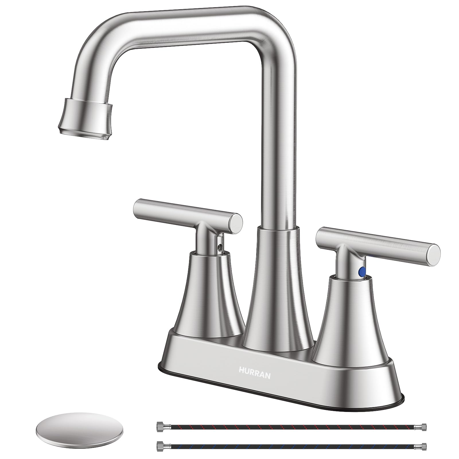 Bathroom Sink Faucet, Hurran 4 inch Brushed Nickel Bathroom Faucets for Sink 3 Hole with Pop-up Drain and Supply Lines, Stainless Steel 2-Handle Centerset Faucet for Vanity RV Restroom