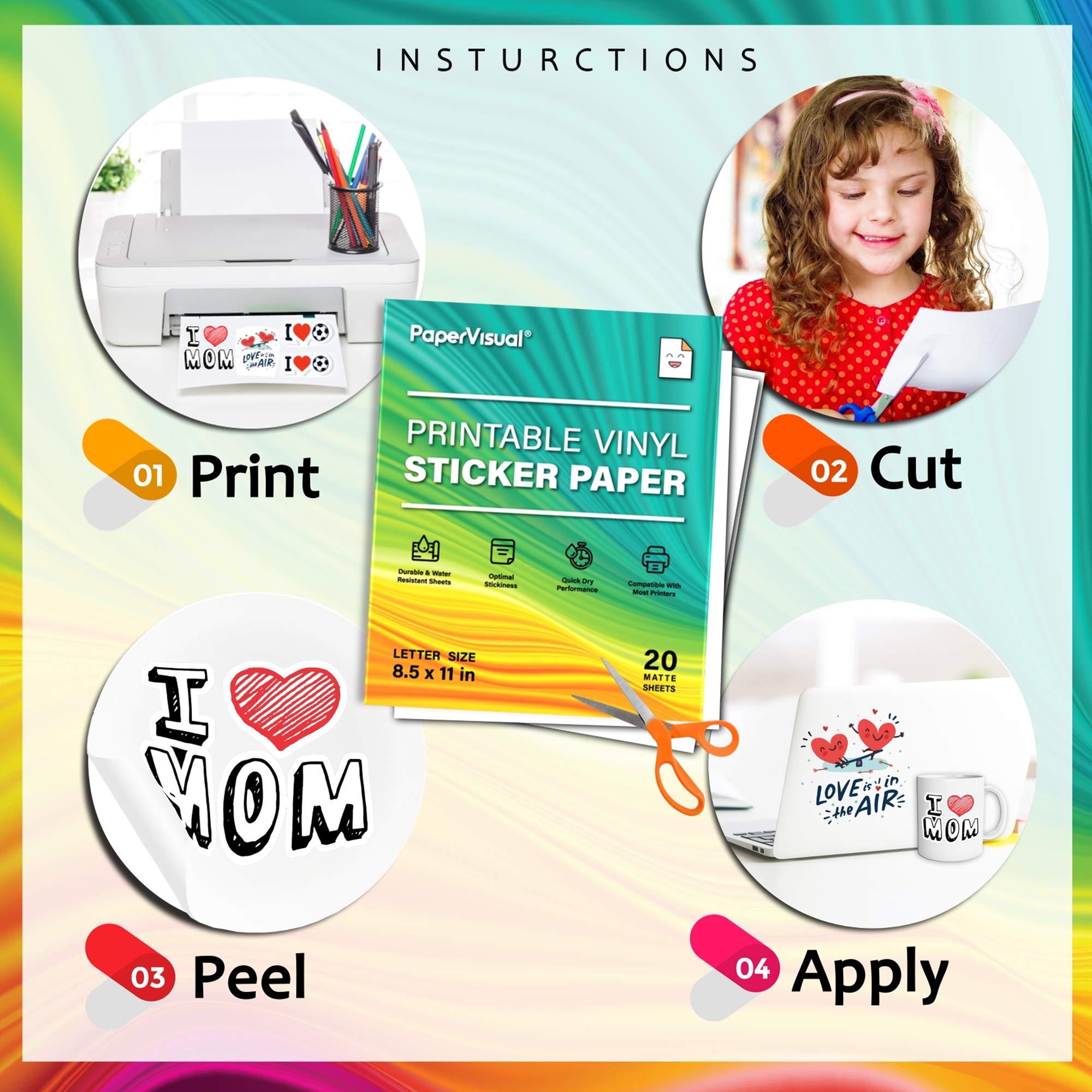 PAPERVISUAL Printable Permanent Vinyl Paper - 20 Sticker Sheets For Printer - Matte White Waterproof Sticker Paper - Thick Tear-Resistant Sticker Printer Paper - Laser, Inkjet Printable Sticker Paper