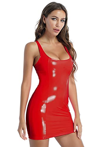 Mufeng Womens Sexy Sleeveless Bodycon Mini Club Dress Thick Shoulder Square Neck Latex Dress Red S