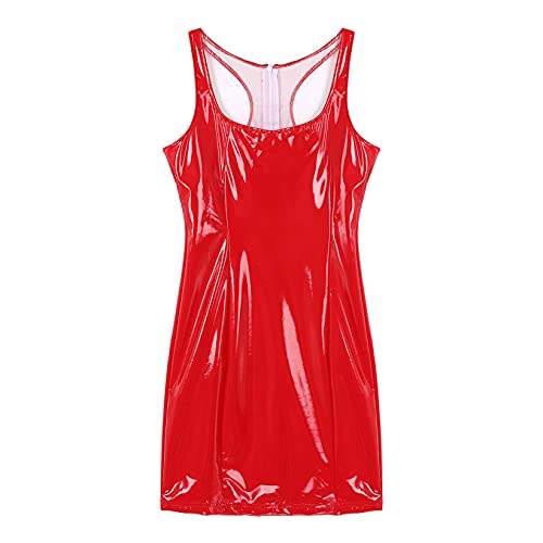 Mufeng Womens Sexy Sleeveless Bodycon Mini Club Dress Thick Shoulder Square Neck Latex Dress Red S