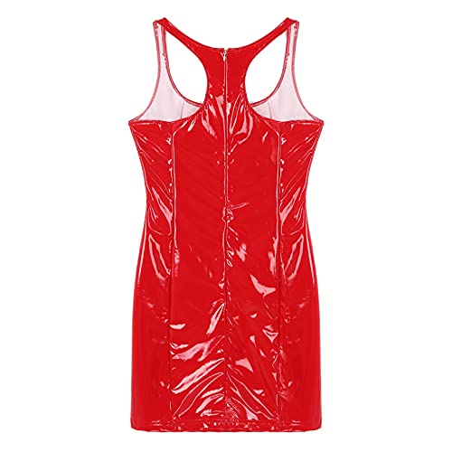 Mufeng Womens Sexy Sleeveless Bodycon Mini Club Dress Thick Shoulder Square Neck Latex Dress Red S
