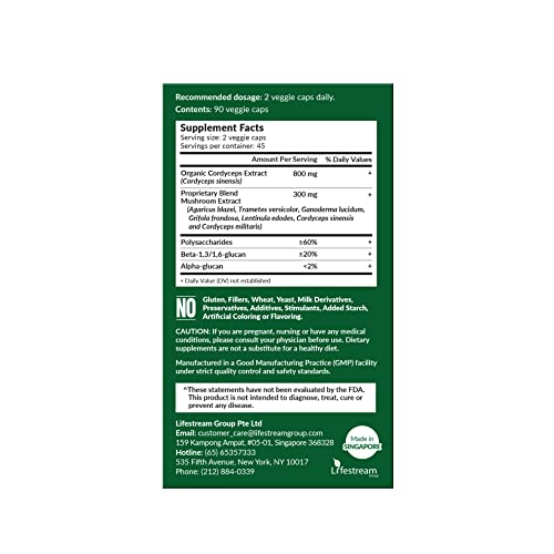 LABO Nutrition Bioactive Organic Cordyceps Ultra β 8 Medicinal Mushroom Supplement, Cordyceps, Reishi, Turkey Tail, Maitake, Agaricus blazei, Shiitake, for Immunity, Energy, Stamina, No Fillers