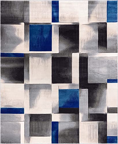 Well Woven Lane Blue Modern Geometric Boxes & Squares Pattern Area Rug 8x10 (7'10" x 10'6")