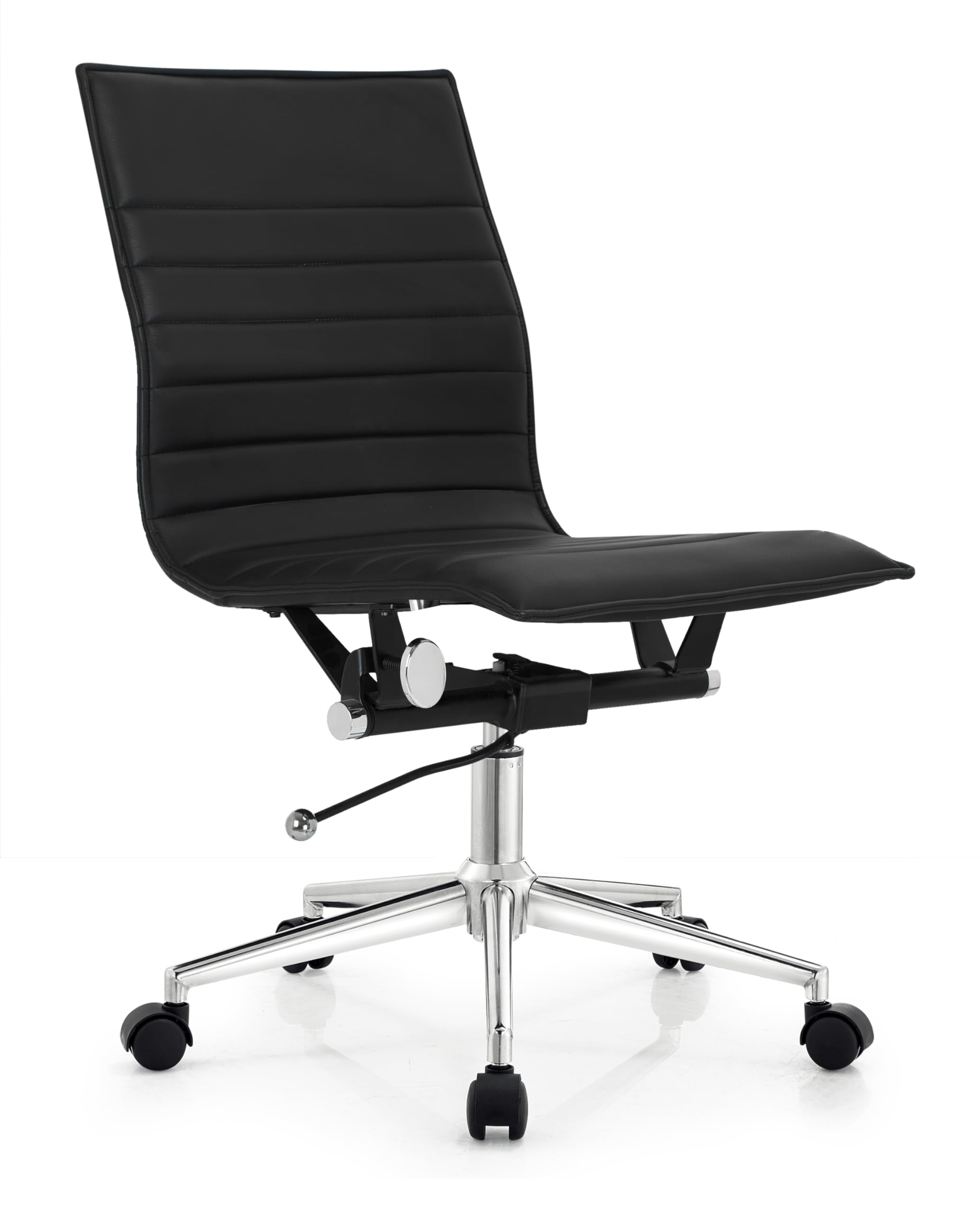 2xhome - Mid Back Height Modern Office Arm Chair, Ribbed PU Leather Seat with Swivel Tilt Adjustable Chrome Base - Executive Conference Room Task Chair (Black)
