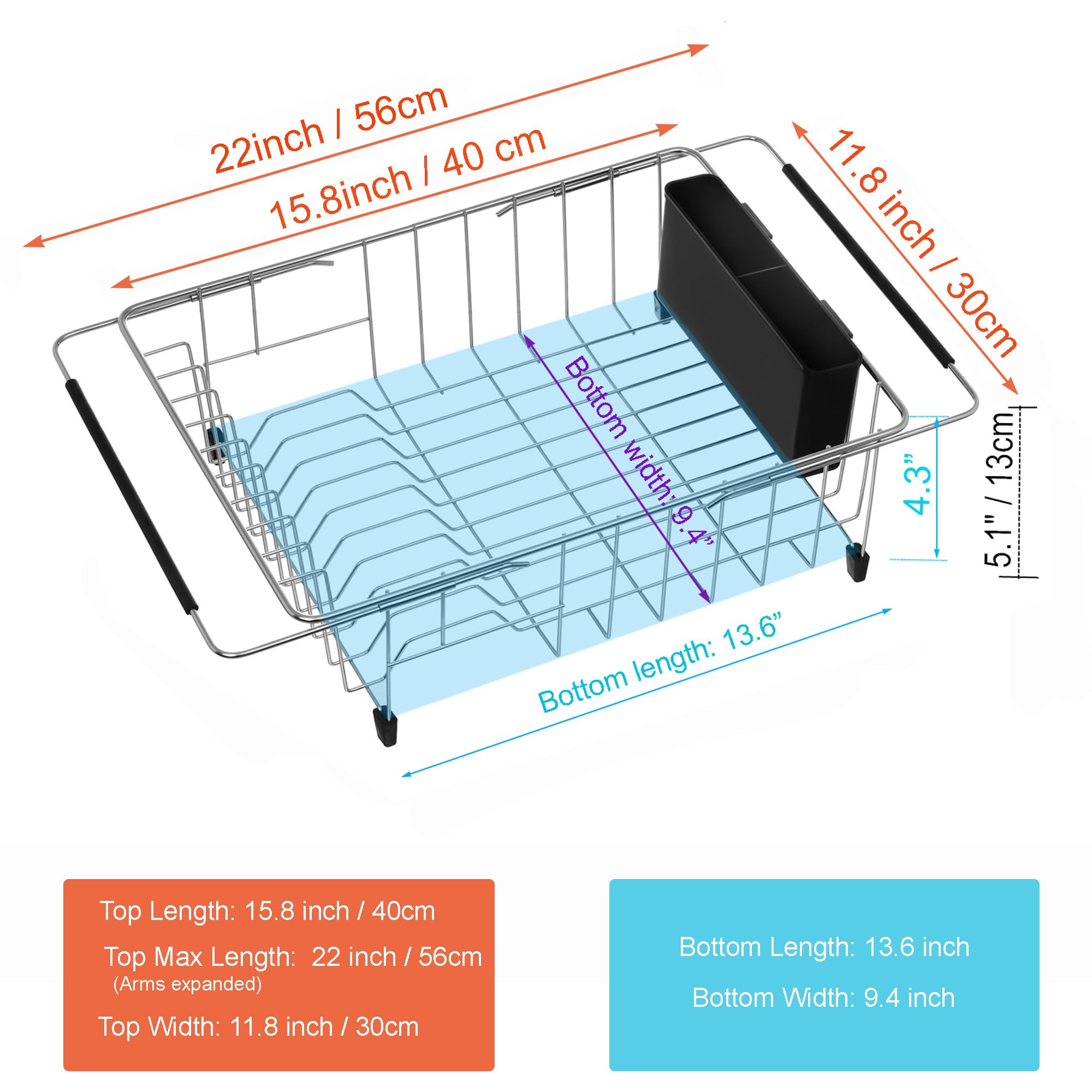 iPEGTOP Expandable Deep & Large Dish Drying Rack, Over The Sink, in Sink Or On Counter Dish Drainer Basket Shelf with Black Removable Utensil Silverware Holder, Rustproof Stainless Steel