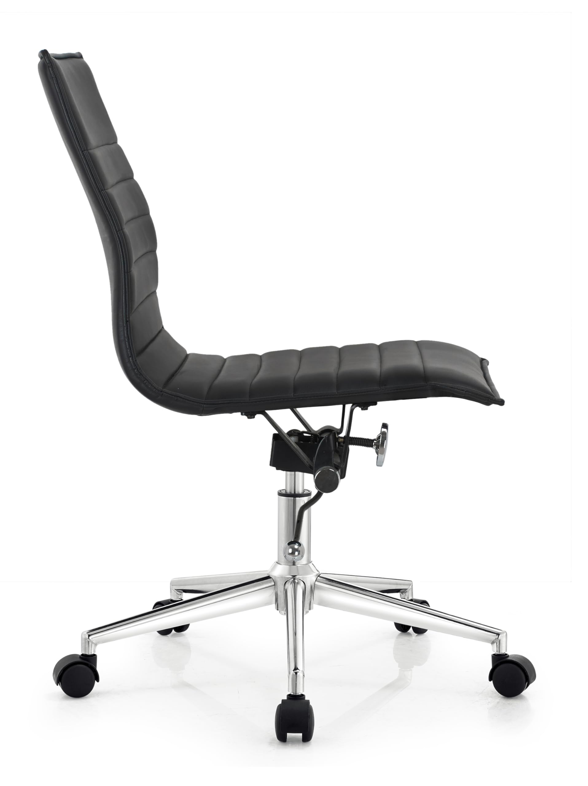 2xhome - Mid Back Height Modern Office Arm Chair, Ribbed PU Leather Seat with Swivel Tilt Adjustable Chrome Base - Executive Conference Room Task Chair (Black)