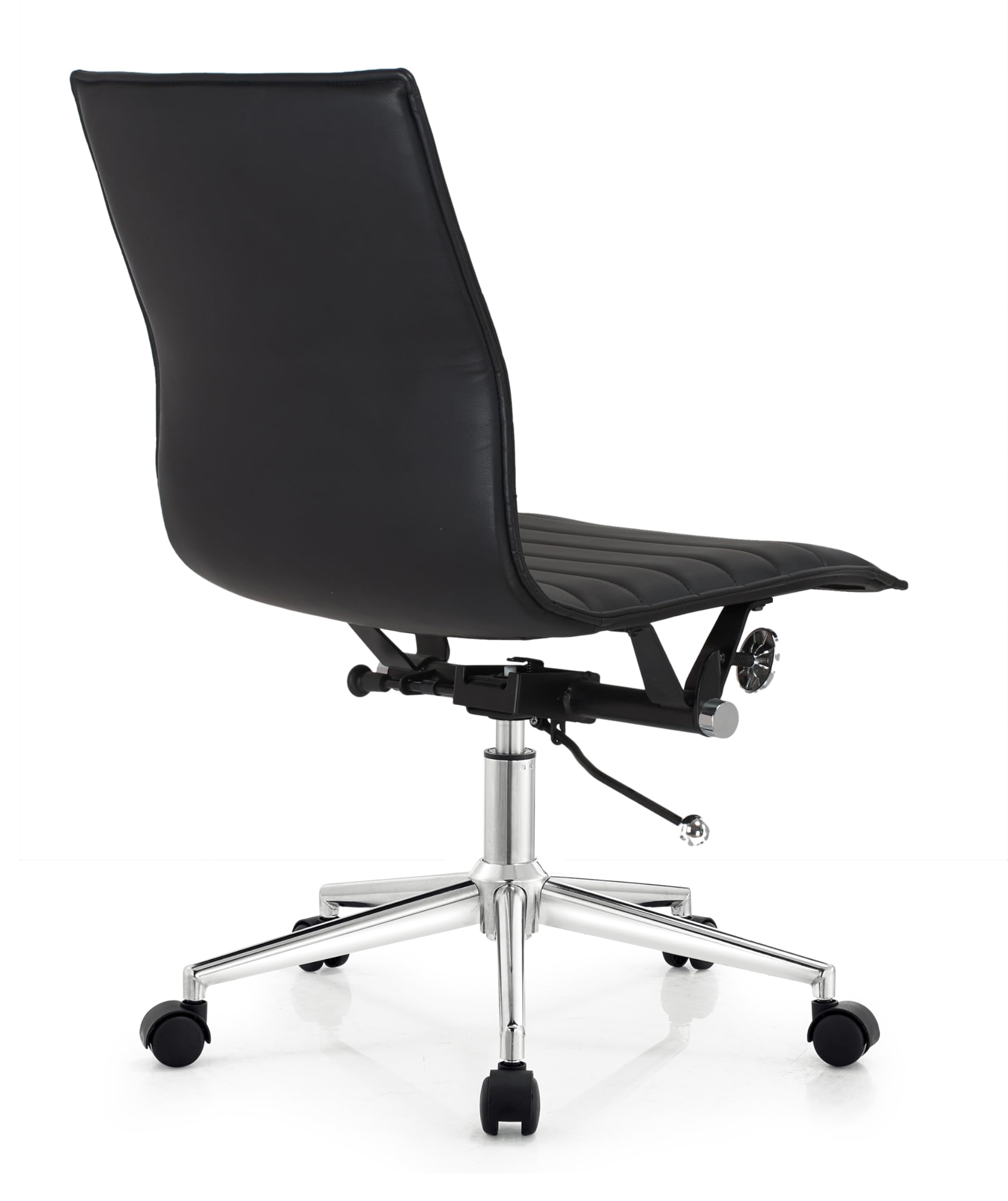 2xhome - Mid Back Height Modern Office Arm Chair, Ribbed PU Leather Seat with Swivel Tilt Adjustable Chrome Base - Executive Conference Room Task Chair (Black)