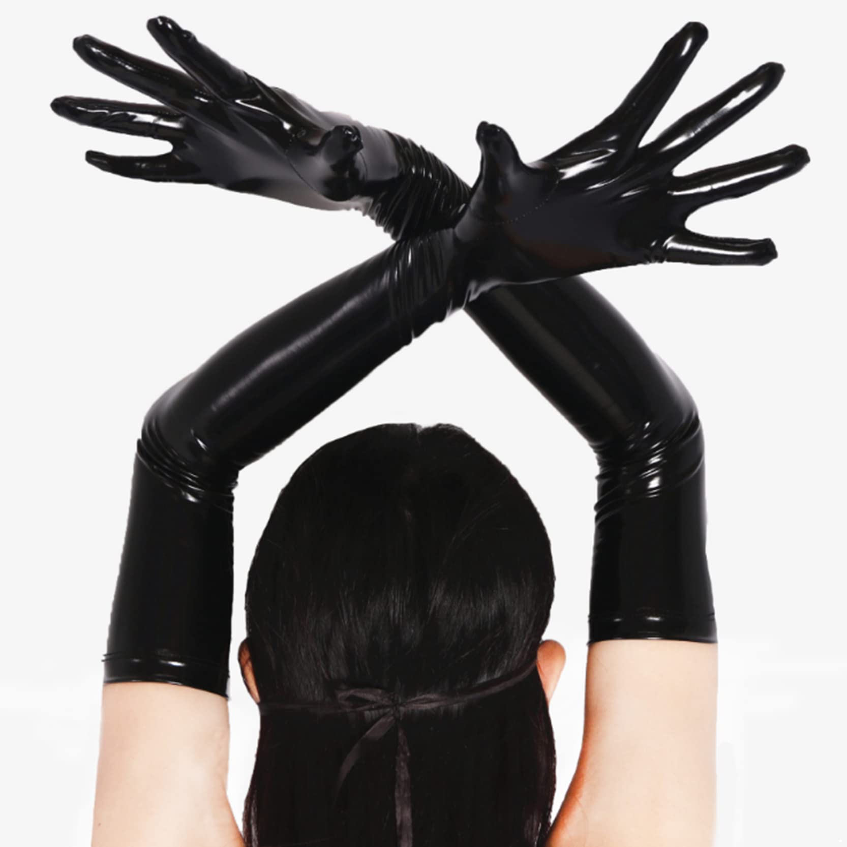 Loloda Women's PVC Latex Thigh High Stokings Sexy Tights with Moulded Full Fingers Gloves Set Black X-Large