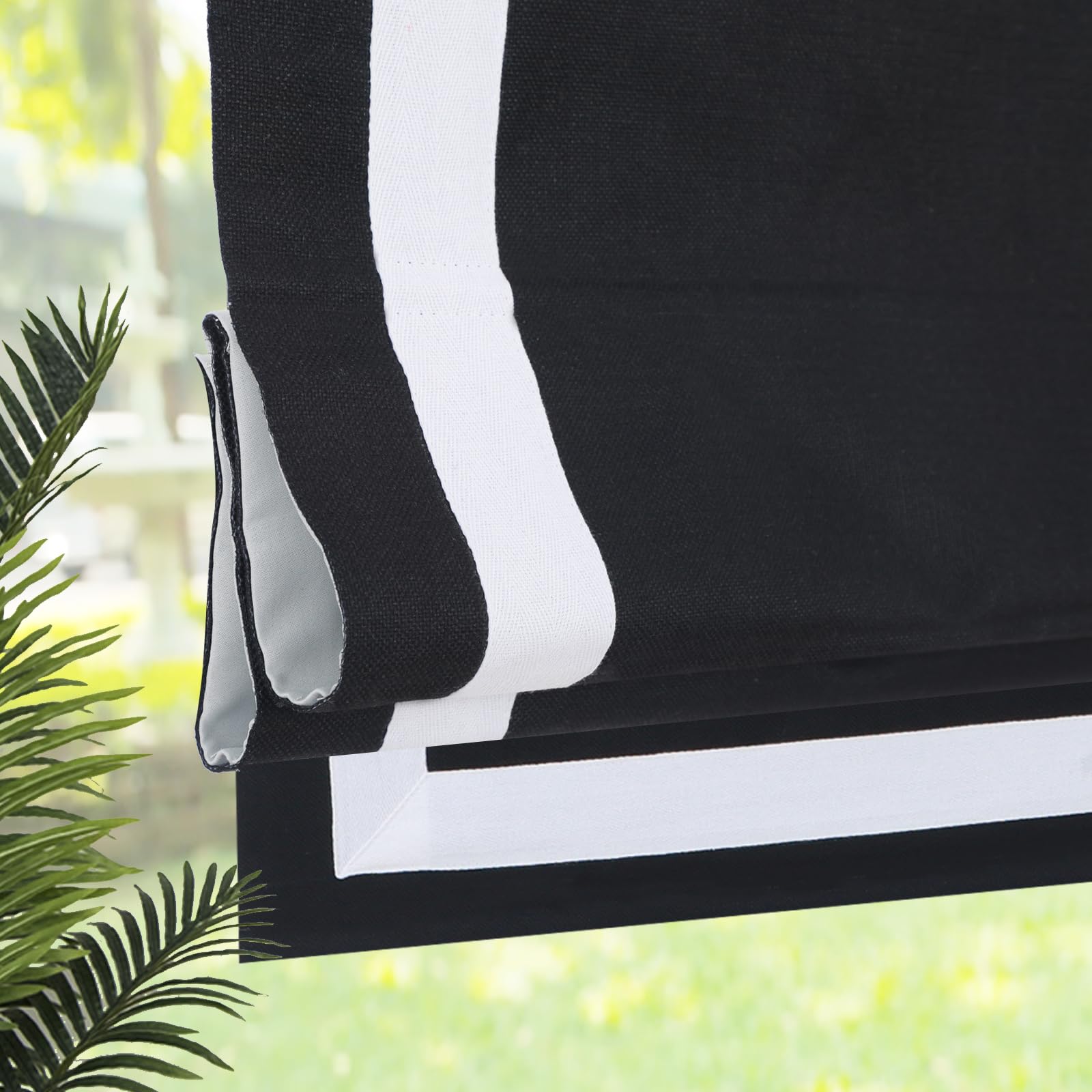Cordless Blackout Roman Shades for Windows, Black Roman Blind with White Trim, Custom Fabric Roman Window Blinds for French Doors, Kitchen Windows
