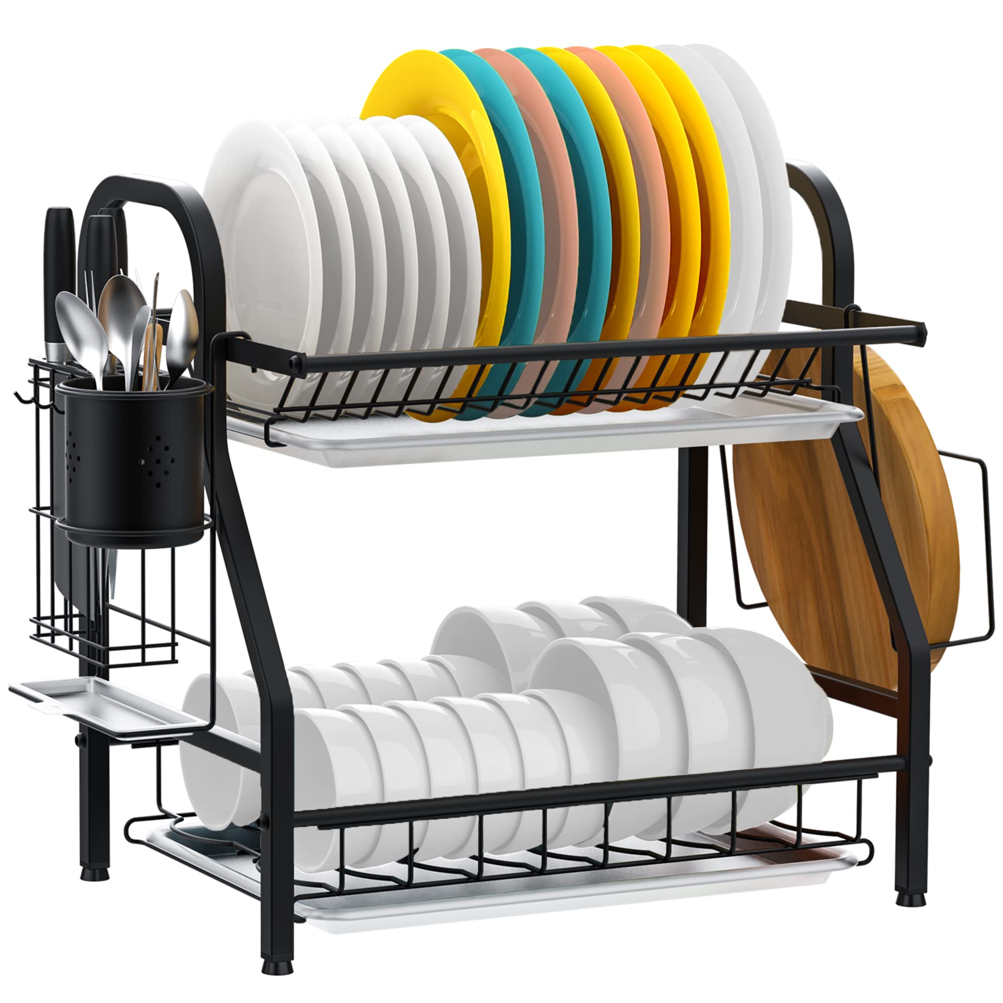 MERRYBOX Dish Drying Rack, 2 Tier Stainless Steel Plate Dish Rack Drainboard Set with 3 Trays, Utensil Holder, Cutting Board Holder, Anti-Rust Dish Drainer for Kitchen Counter Space Saving