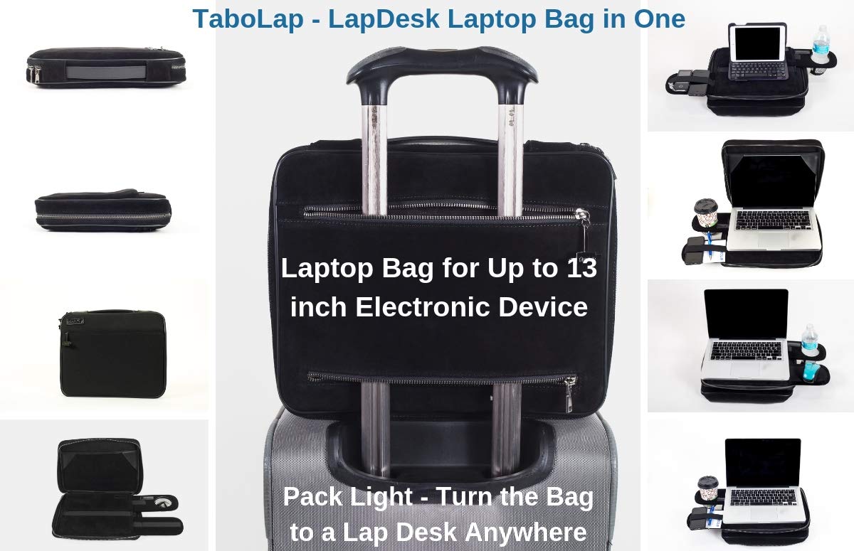 Portable Laptop Lap Desk & Sleeve in One | TaboLap Computer Sleeve Convertible to a Non-Slip LapDesk w/a Bottle Cup Holder & 2 Retractable Trays to Left/Right | 13 Inches | Black Neoprene