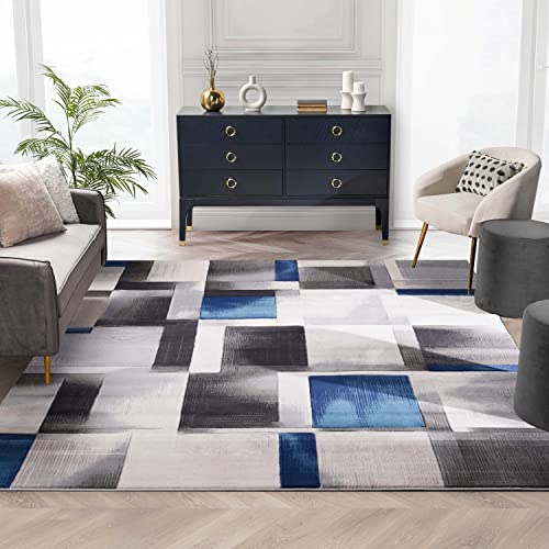 Well Woven Lane Blue Modern Geometric Boxes & Squares Pattern Area Rug 8x10 (7'10" x 10'6")