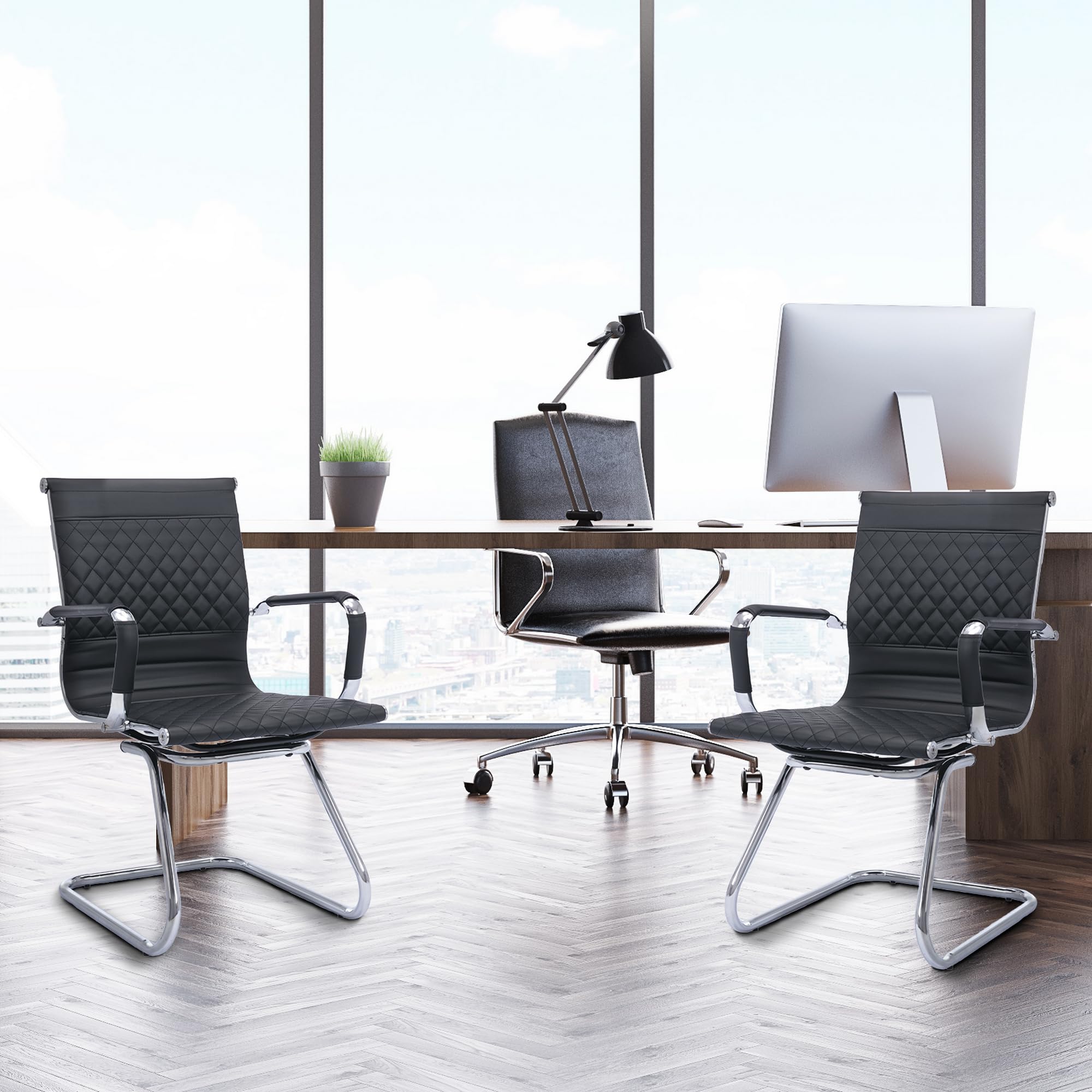 BESTANO Office Guest Chairs Reception Chairs Waiting Room Chairs Set of 4 Conference Room Chairs with Mid Back, Modern PU Leather Desk Chairs, Black