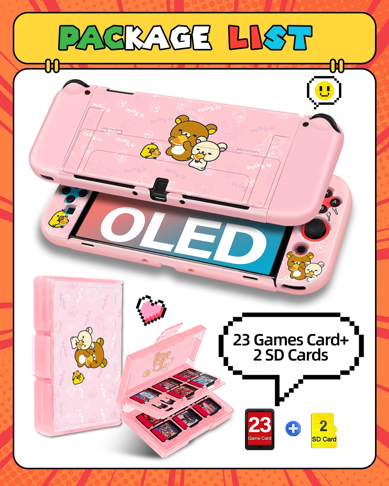 Xinocy (2in1 for Nintendo Switch OLED Case +24 Switch Game Holder Cute Cartoon Bear Slim Protective Cases Soft Shell for Kids Boys Teens Girls Girly Design Funny Aesthetic Covers for Switch OLED 2021
