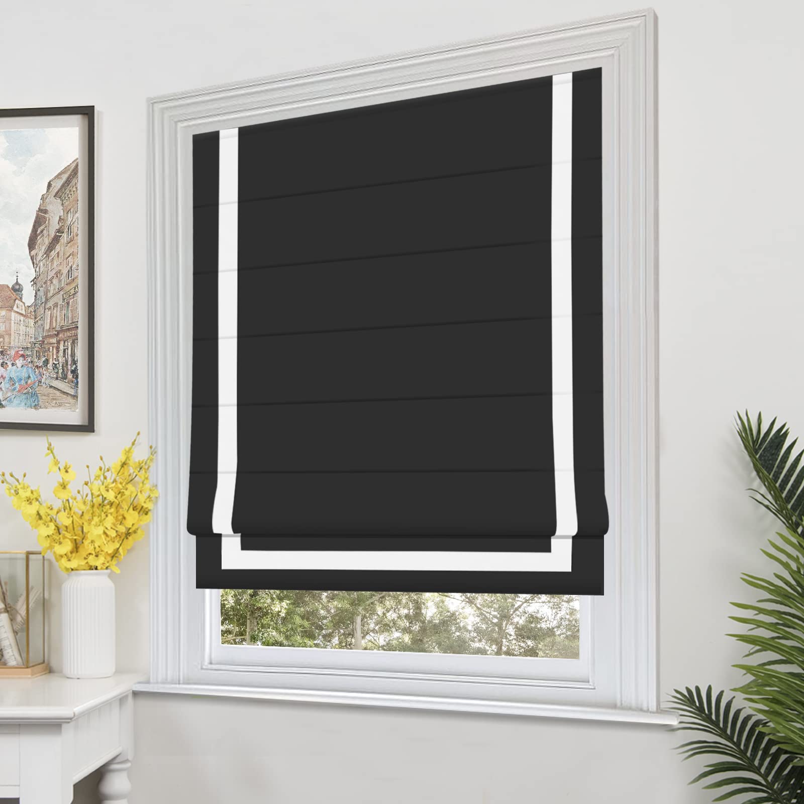 Cordless Blackout Roman Shades for Windows, Black Roman Blind with White Trim, Custom Fabric Roman Window Blinds for French Doors, Kitchen Windows