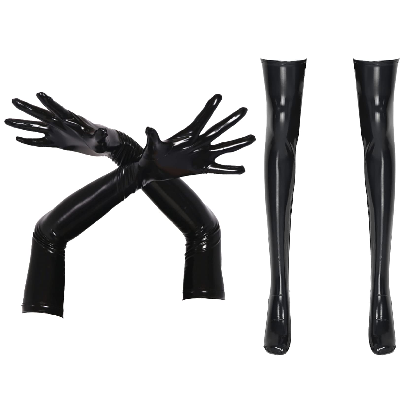Loloda Women's PVC Latex Thigh High Stokings Sexy Tights with Moulded Full Fingers Gloves Set Black X-Large