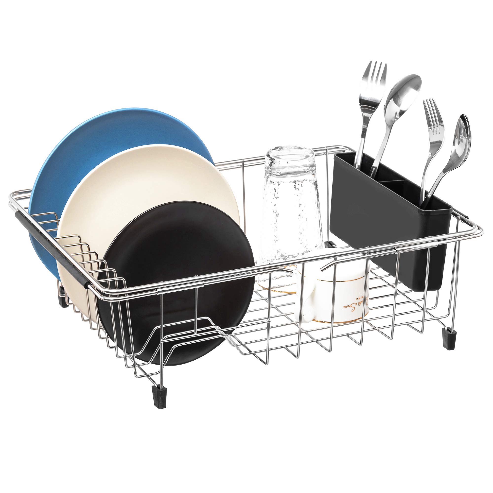 iPEGTOP Expandable Deep & Large Dish Drying Rack, Over The Sink, in Sink Or On Counter Dish Drainer Basket Shelf with Black Removable Utensil Silverware Holder, Rustproof Stainless Steel