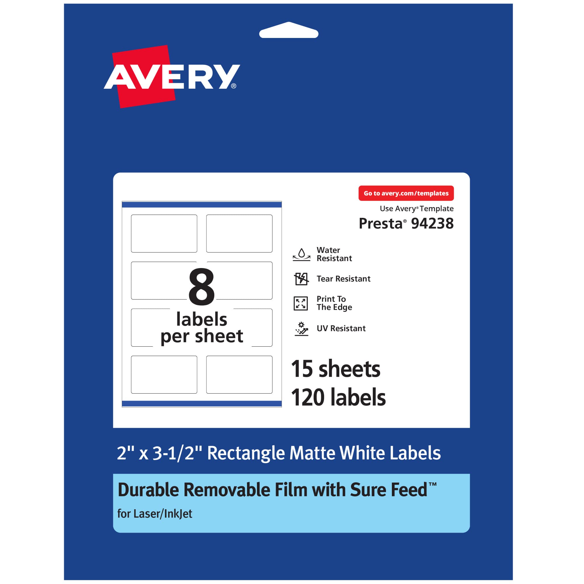 Avery Durable Removable Rectangle Labels with Sure Feed Technology, 2" x 3.5", Matte White Film, Water-Resistant, Print-to-The-Edge, Laser/Pigment-Based Inkjet Printable, 120 Removable Labels Total