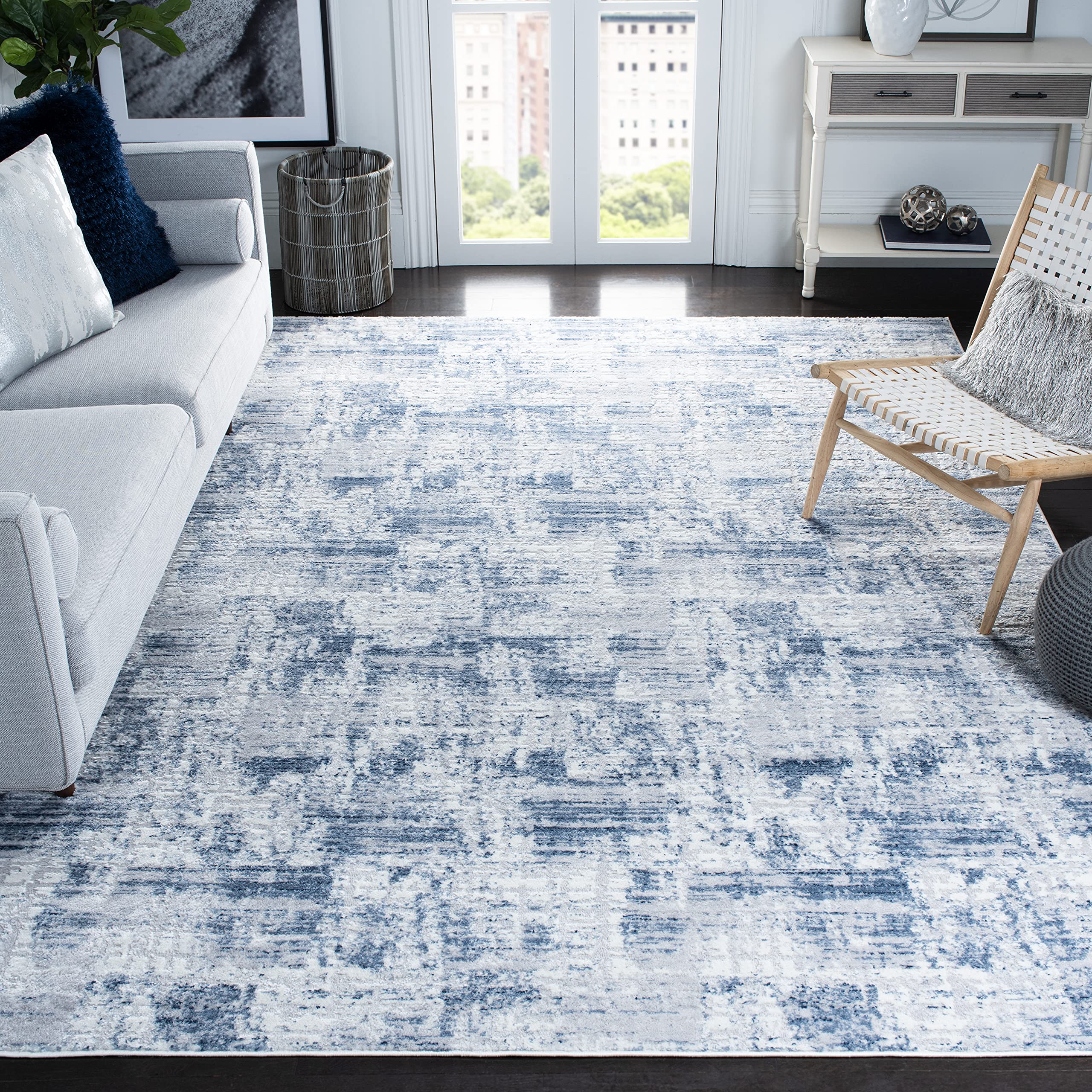 SAFAVIEH Amelia Collection Area Rug - 9' x 12', Navy & Light Grey, Modern Abstract Distressed Design, Non-Shedding & Easy Care, Ideal for High Traffic Areas in Living Room, Bedroom (ALA786N)