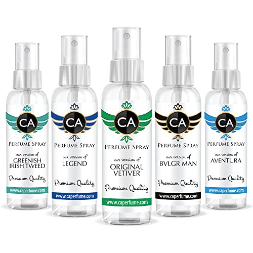 CA Perfume Niche Men Set Impression of ( Aventura + Greenish Irish Tweed + Original Vetiver + Legend + Bvl. Man ) Fragrance Sample Travel Size Parfum Sprayer ( 2 Fl Oz/60 ml) x 5