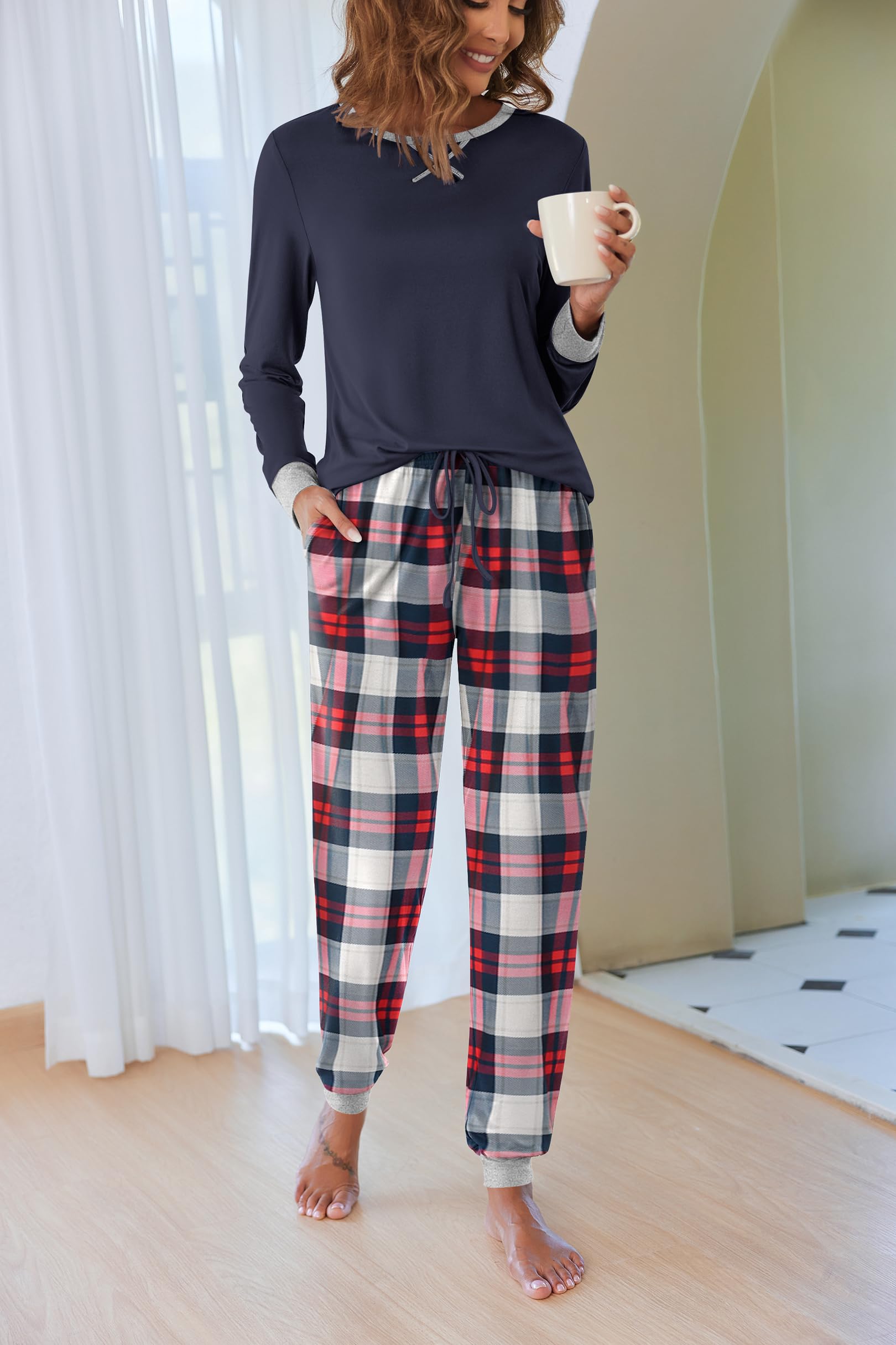 Ekouaer Pajamas Women’s Long Sleeve Sleepwear Christmas Plaid Lounge Sets Winter Pjs With Pockets Blue Plaid,Large