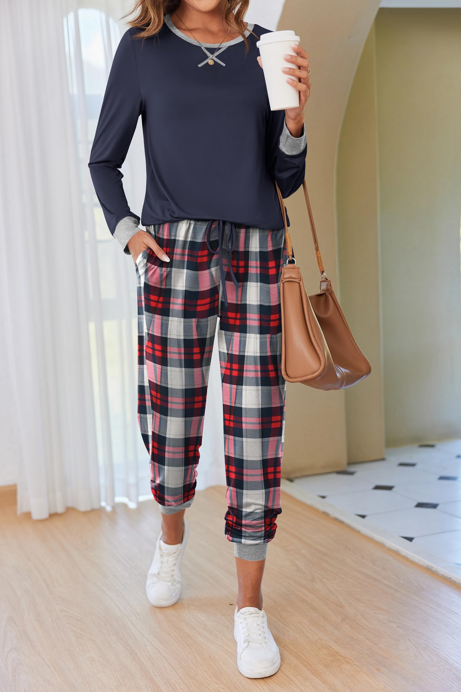 Ekouaer Pajamas Women’s Long Sleeve Sleepwear Christmas Plaid Lounge Sets Winter Pjs With Pockets Blue Plaid,Large