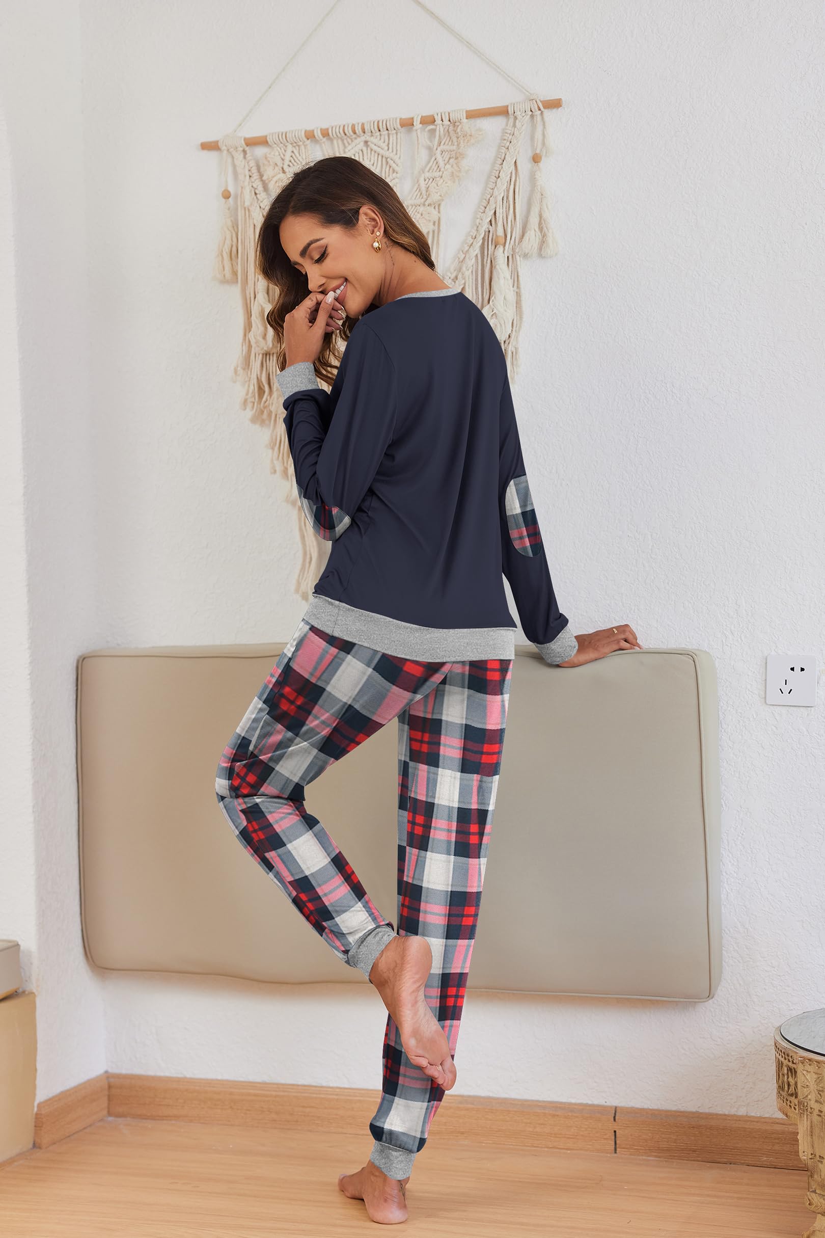 Ekouaer Pajamas Women’s Long Sleeve Sleepwear Christmas Plaid Lounge Sets Winter Pjs With Pockets Blue Plaid,Large