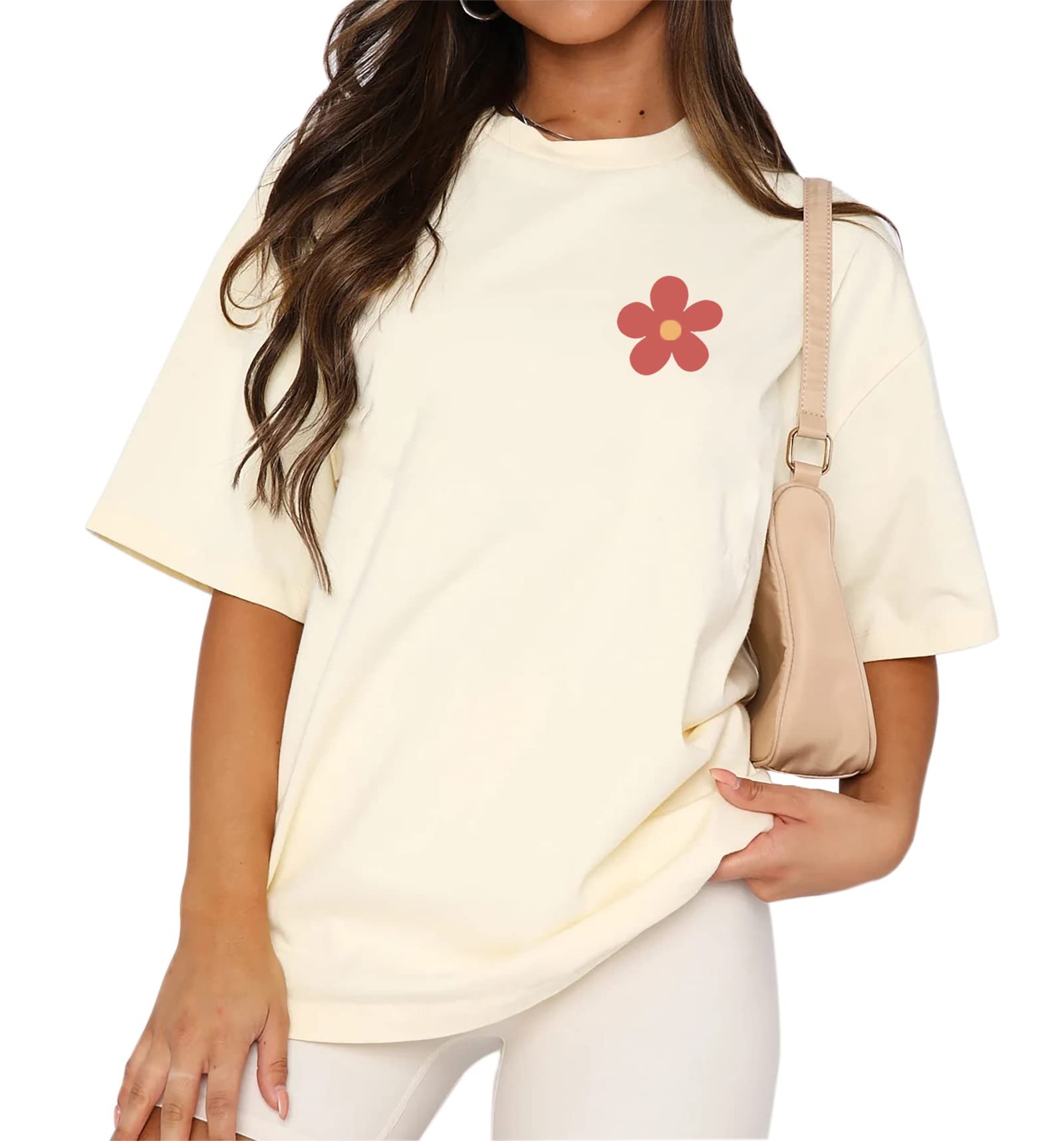 Cioatin Women’s Aesthetic Y2K Oversize Tee Shirt Top Floral Slogan Letter Graphic Drop Shoulder Short Sleeve Tshirt Apricot