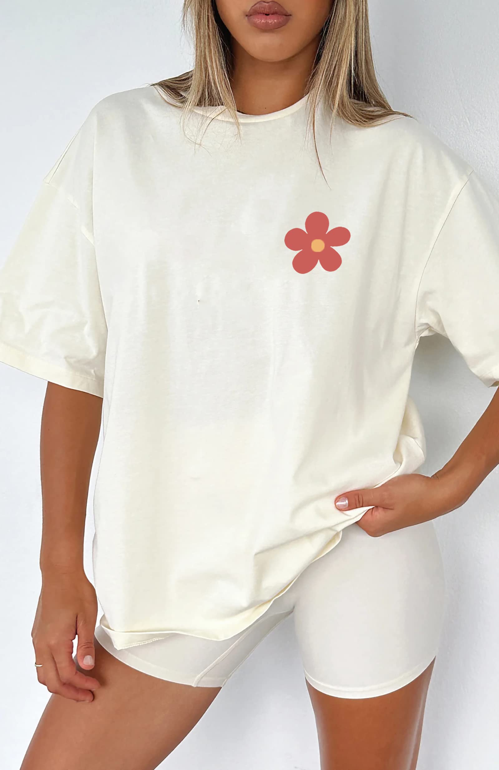 Cioatin Women’s Aesthetic Y2K Oversize Tee Shirt Top Floral Slogan Letter Graphic Drop Shoulder Short Sleeve Tshirt Apricot