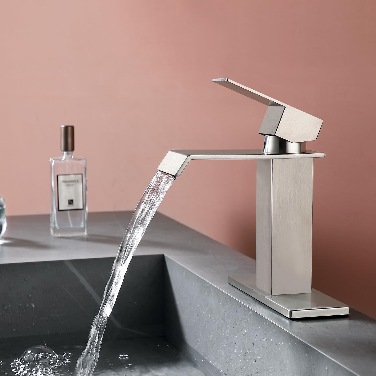Poumao Waterfall Bathroom Faucet Bathroom Sink Faucet Brushed Nickel Single Handle Vanity Lavatory Faucets with Deck Plate for 1 or 3 Holes