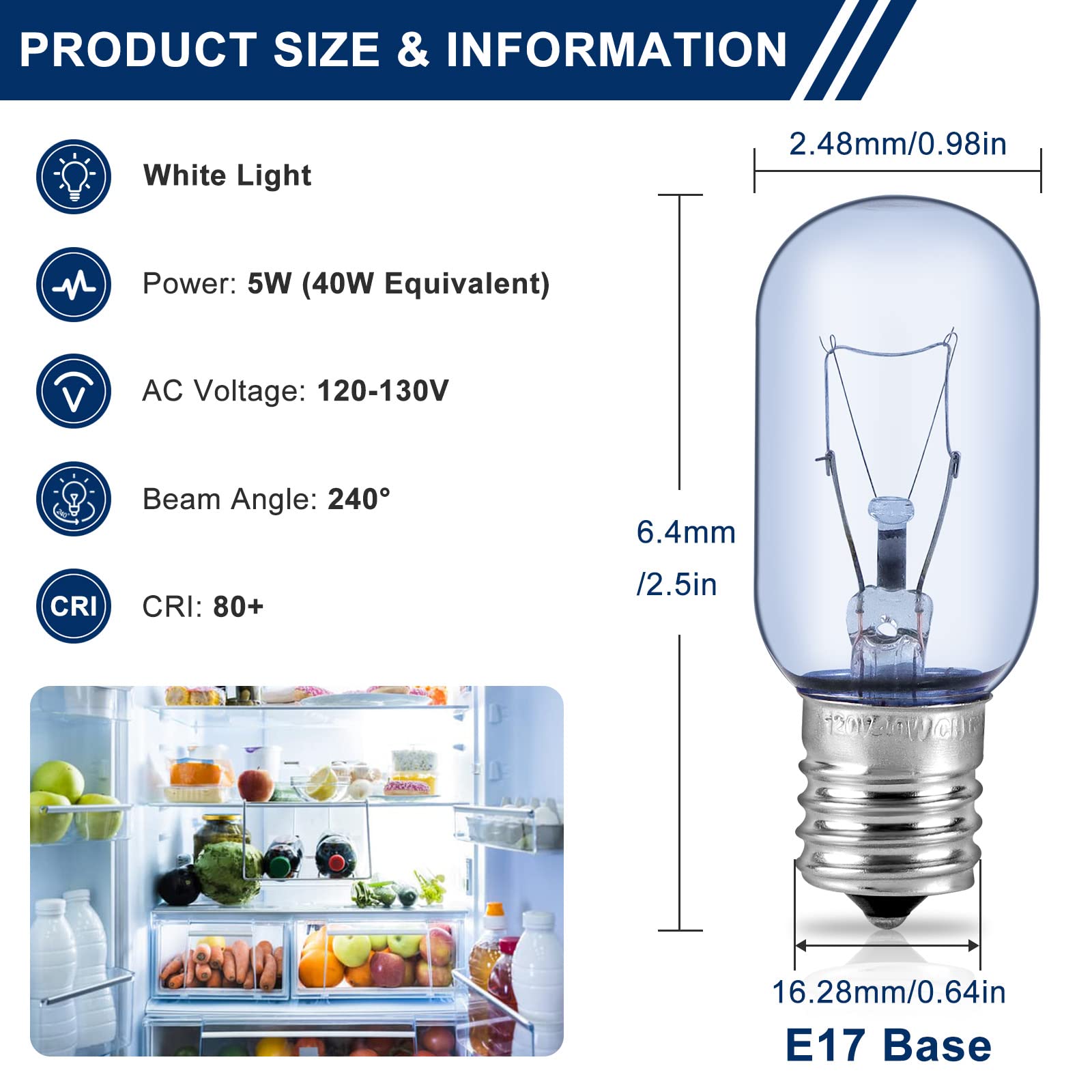 AMI PARTS Refrigerator Light Bulb T8 297048600 241552802 Replacement Refrigerator 40W Compatible with Whirl-Pool Kenm-ore Light Bulb Refrigerator