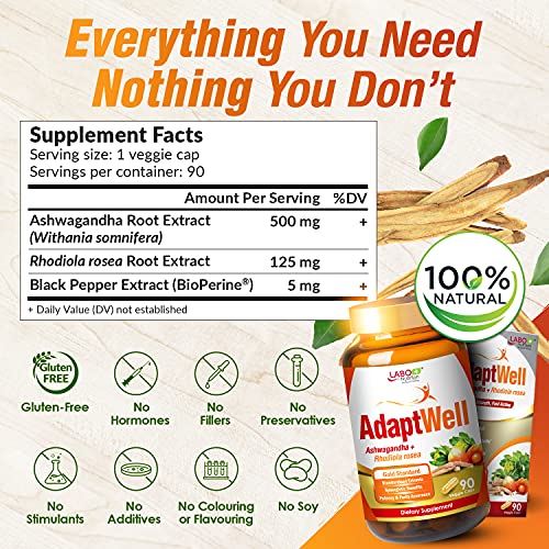 LABO Nutrition AdaptWell Ashwagandha Root Extract >7% withanolides (35mg), Rhodiola Rosea Extract >5% rosavins & Bioperine, for Relax, Adrenal, Immune & Thyroid Support, 90 Counts