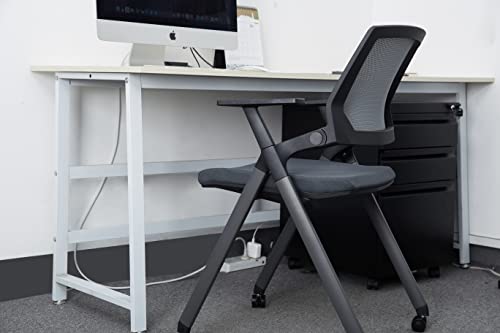 CLATINA Rolling Conference Room Chairs Set of 8, Folding Stackable Office Guest Reception Chairs with Armrests and Wheels, Mesh Waiting Room Chairs for Office, Meeting, Lobby, Church, Grey