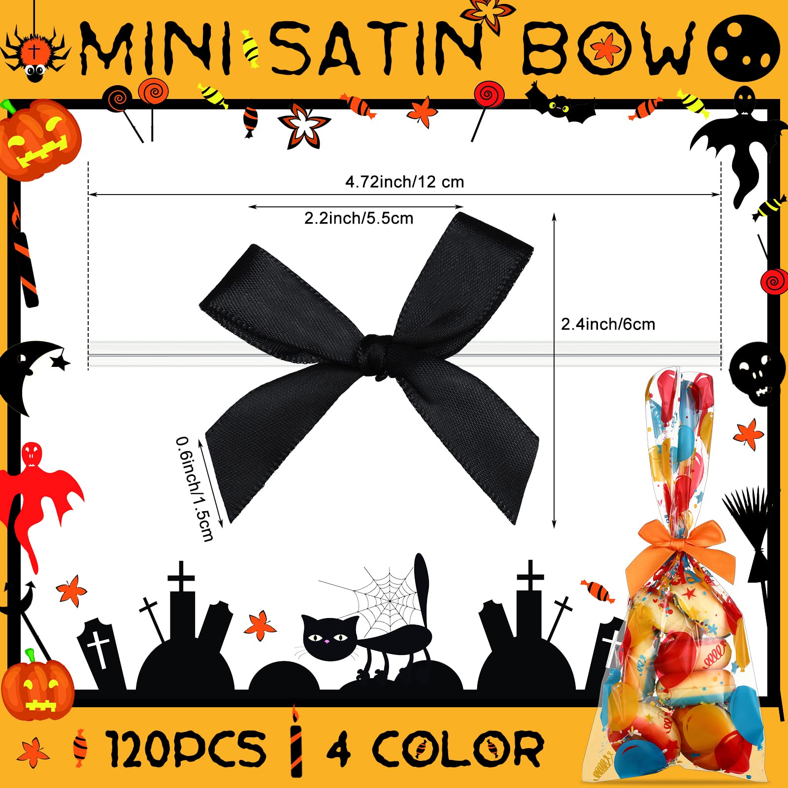 120 Pieces Mardi Gras Twist Bow Satin Twist Tie Bows Fabric Bows for Crafts Polyester Craft Bows Decorating Ribbon Bows Gift Wrap Bows for Candy Bags Decoration (Purple, Orange, Light Green, Black)