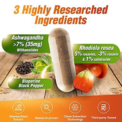 LABO Nutrition AdaptWell Ashwagandha Root Extract >7% withanolides (35mg), Rhodiola Rosea Extract >5% rosavins & Bioperine, for Relax, Adrenal, Immune & Thyroid Support, 90 Counts