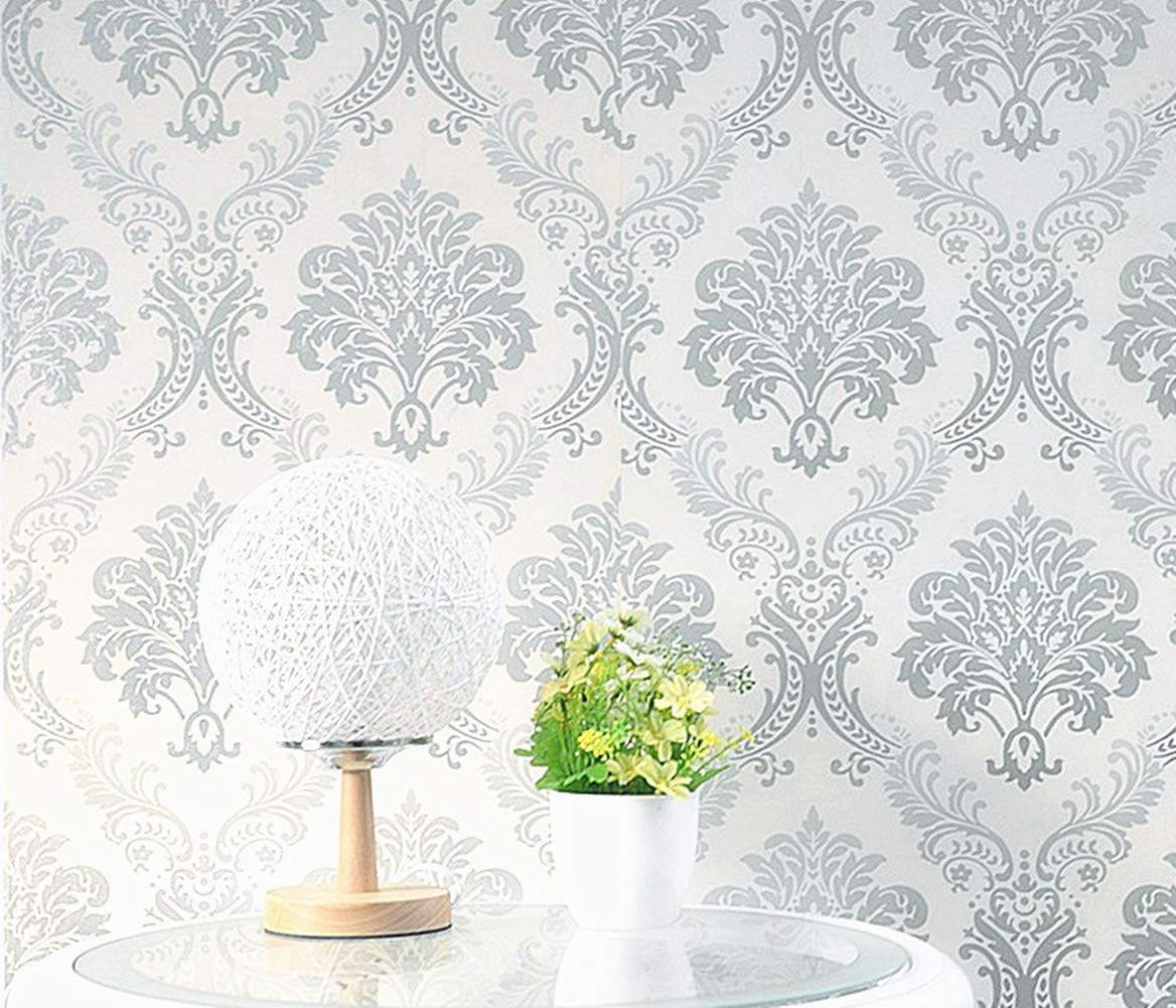 Amao Grey Damask Peel and Stick Wallpaper Self Adhesive Vinyl Shelf Liner for Cabinets Sheves Livingroom Wall Decal 17.7inch by 79inch