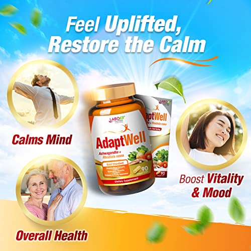 LABO Nutrition AdaptWell Ashwagandha Root Extract >7% withanolides (35mg), Rhodiola Rosea Extract >5% rosavins & Bioperine, for Relax, Adrenal, Immune & Thyroid Support, 90 Counts