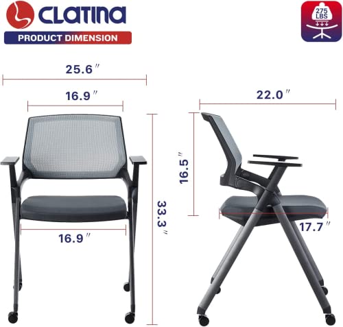 CLATINA Rolling Conference Room Chairs Set of 8, Folding Stackable Office Guest Reception Chairs with Armrests and Wheels, Mesh Waiting Room Chairs for Office, Meeting, Lobby, Church, Grey