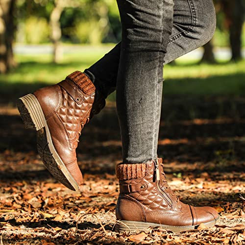 STQ Women Fashion Ankle Bootie Casual lace up Short Combat Boots Brown 9