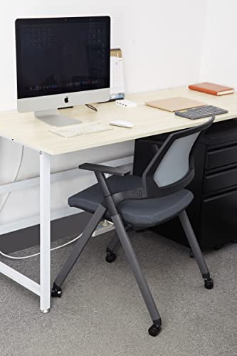 CLATINA Rolling Conference Room Chairs Set of 8, Folding Stackable Office Guest Reception Chairs with Armrests and Wheels, Mesh Waiting Room Chairs for Office, Meeting, Lobby, Church, Grey