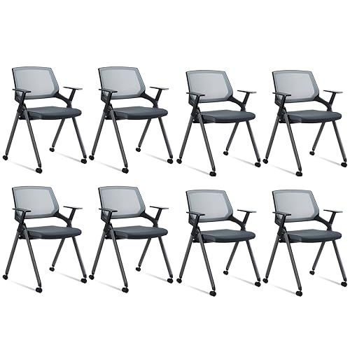 CLATINA Rolling Conference Room Chairs Set of 8, Folding Stackable Office Guest Reception Chairs with Armrests and Wheels, Mesh Waiting Room Chairs for Office, Meeting, Lobby, Church, Grey