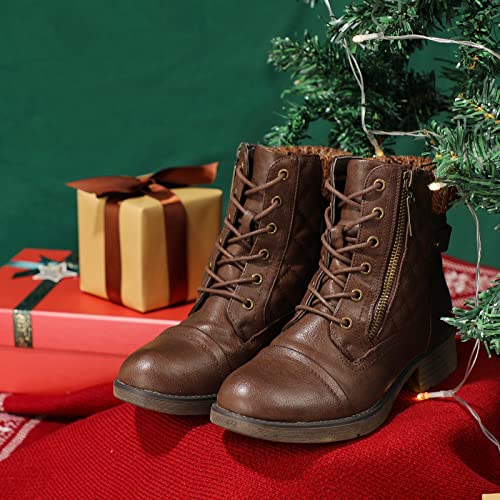 STQ Women Fashion Ankle Bootie Casual lace up Short Combat Boots Brown 9