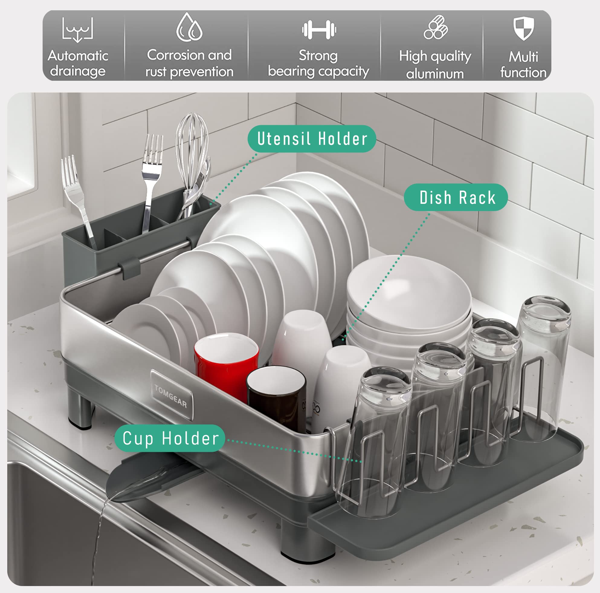 TomGear Large Dish Drying Rack, Dish Drainers with 360°Rotatable Spout, Cup Holder, Utensil Holder and Removable Drainboard, Space-Saving Dish Drainers for Kitchen Counter