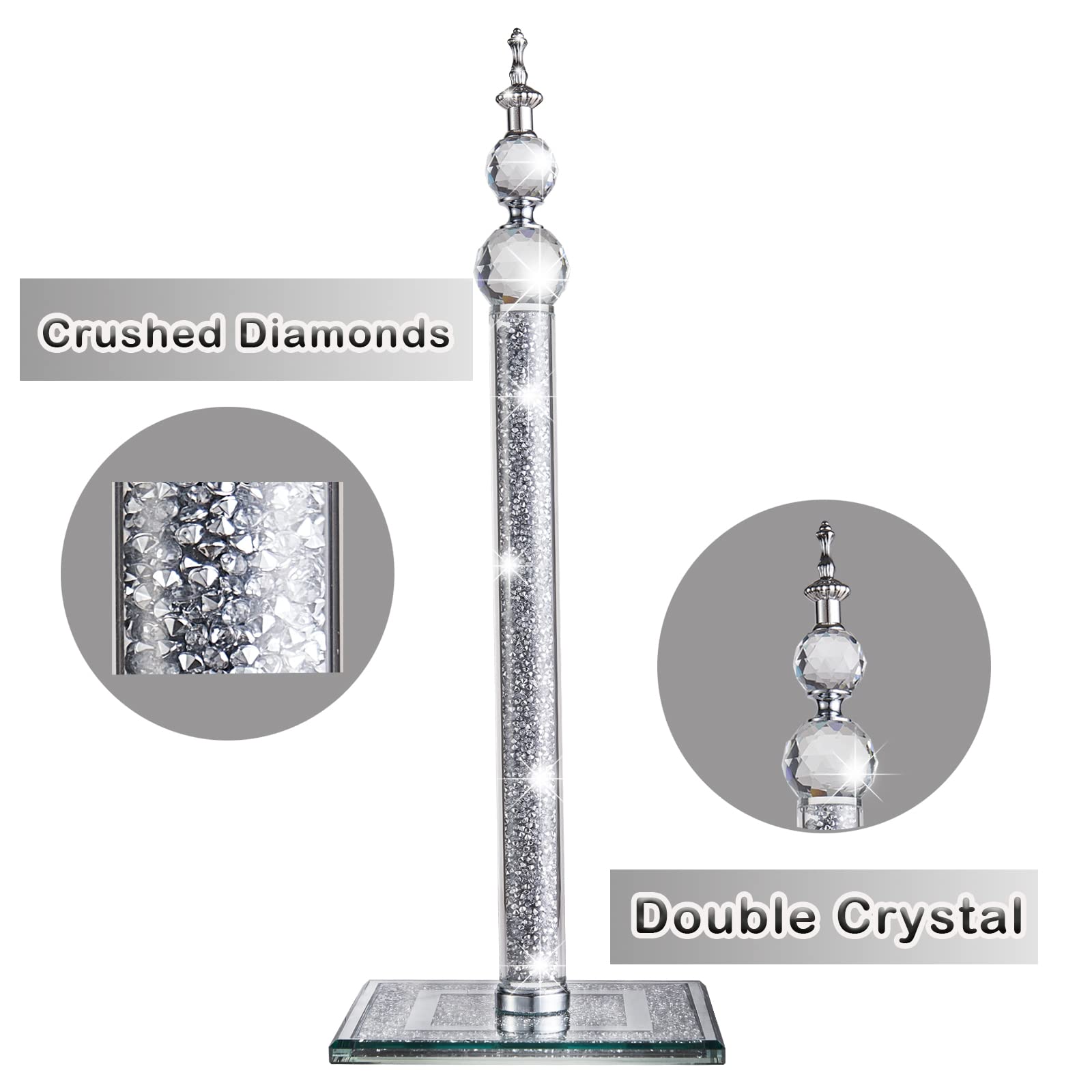 Handmade Silver Paper Towel Roll Holder,Crystal Crushed Diamonds Paper Towel Roll Decorative with Base Freestanding Holder for Kitchen Bathroom Towel Tissue Roll Countertop(13.5 inch Height)