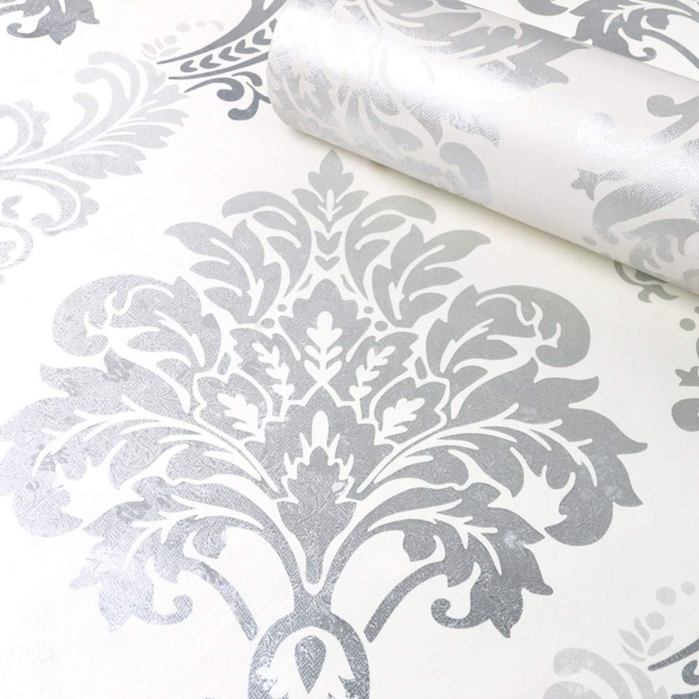 Amao Grey Damask Peel and Stick Wallpaper Self Adhesive Vinyl Shelf Liner for Cabinets Sheves Livingroom Wall Decal 17.7inch by 79inch