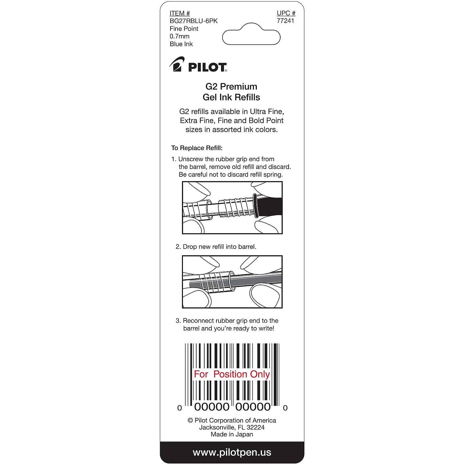 PILOT G2 Gel Ink Refills For Rolling Ball Pens, Fine Point, Blue Ink, 2-Pack (77241)