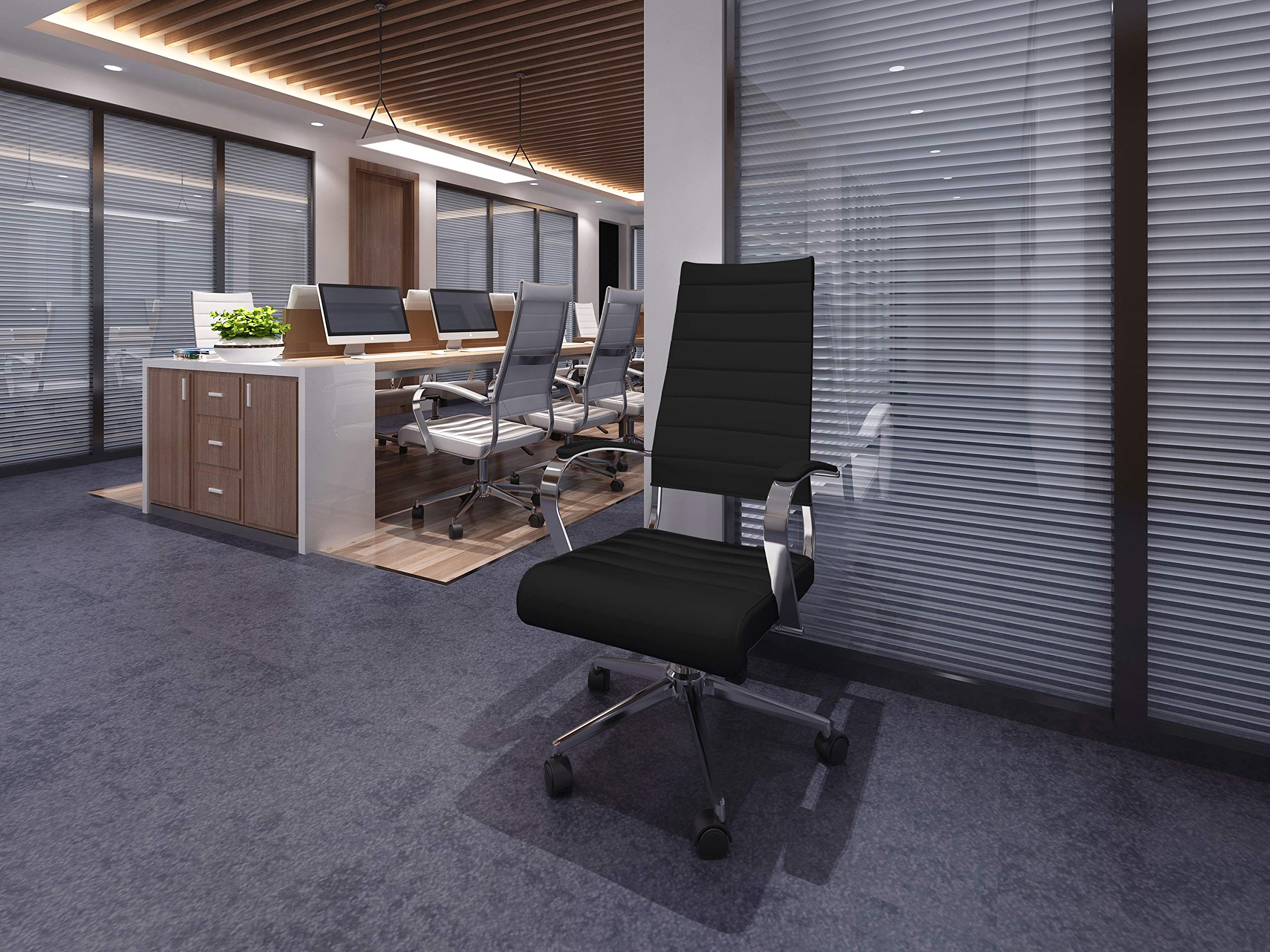 2xhome Set of 2 Black Modern High Back Tall Ribbed PU Leather Office Chair Swivel Tilt Adjustable Chair Designer Boss Executive Management Conference Room Work Task Computer