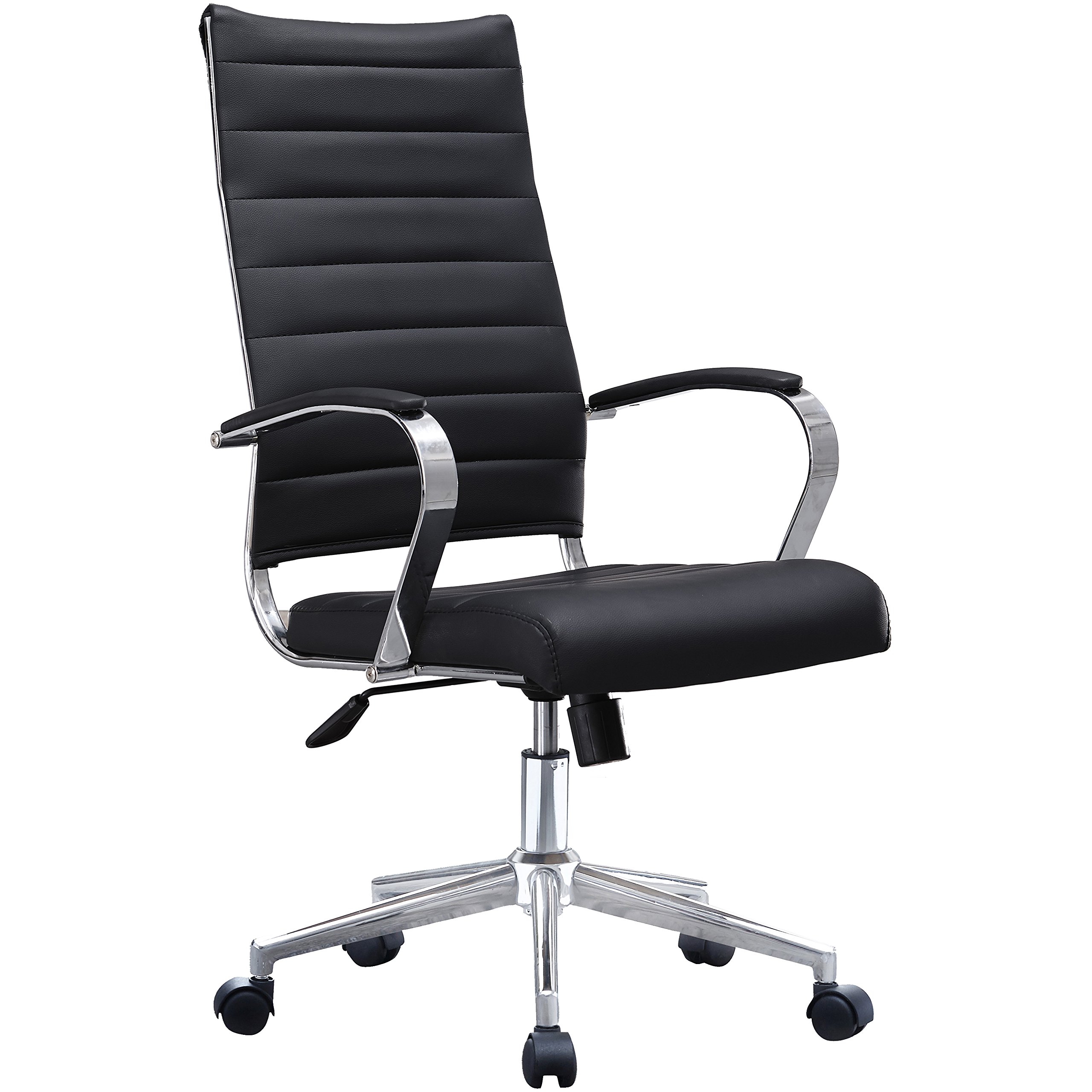 2xhome Set of 2 Black Modern High Back Tall Ribbed PU Leather Office Chair Swivel Tilt Adjustable Chair Designer Boss Executive Management Conference Room Work Task Computer